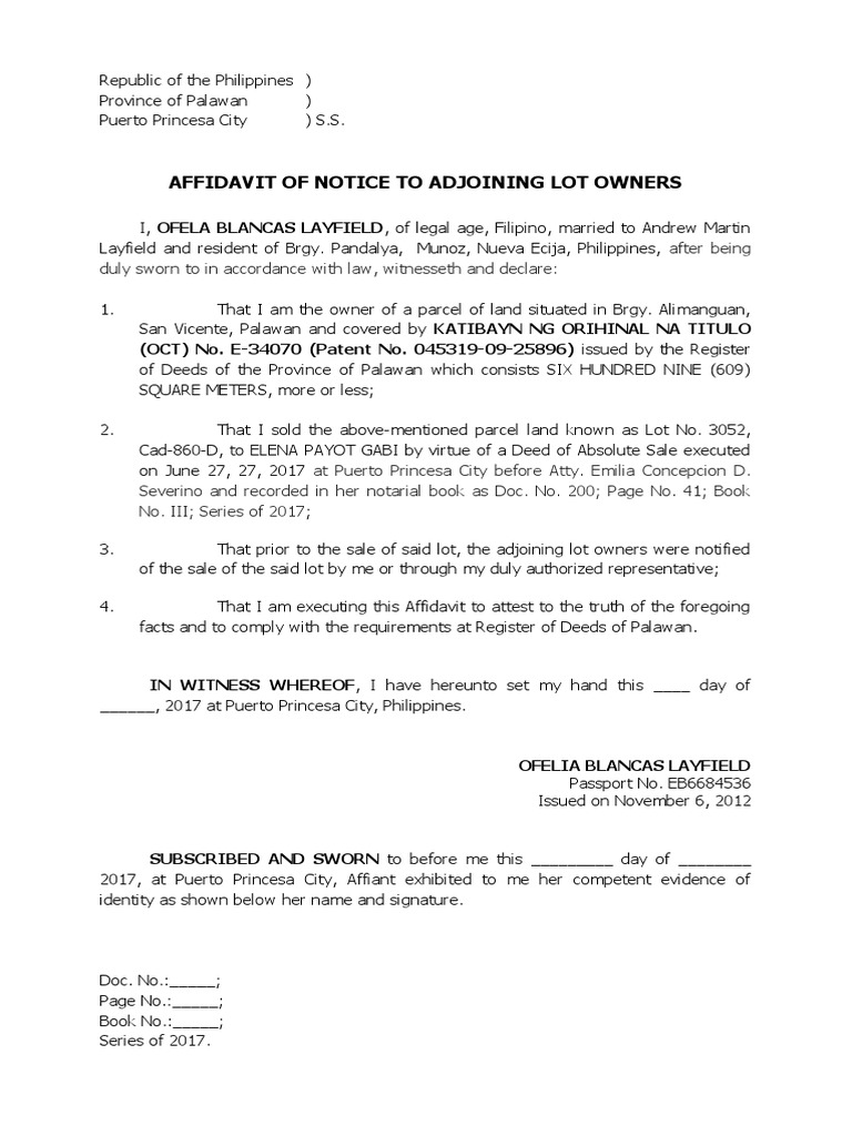 Affidavit of Notice To Adjoining Lot Owners Layfield | PDF | Affidavit ...