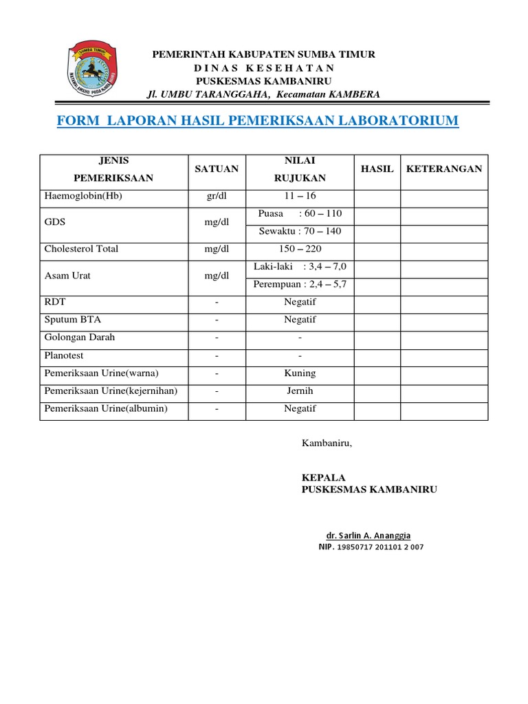 Form Laporan Hasil Pemeriksaan Lab | PDF