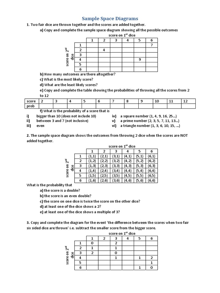 Sample Space Diagrams for Two Dice | PDF | Dice | Probability