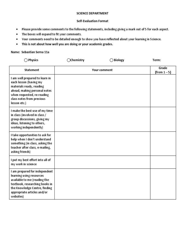 Science Self-Evaluation Template | PDF