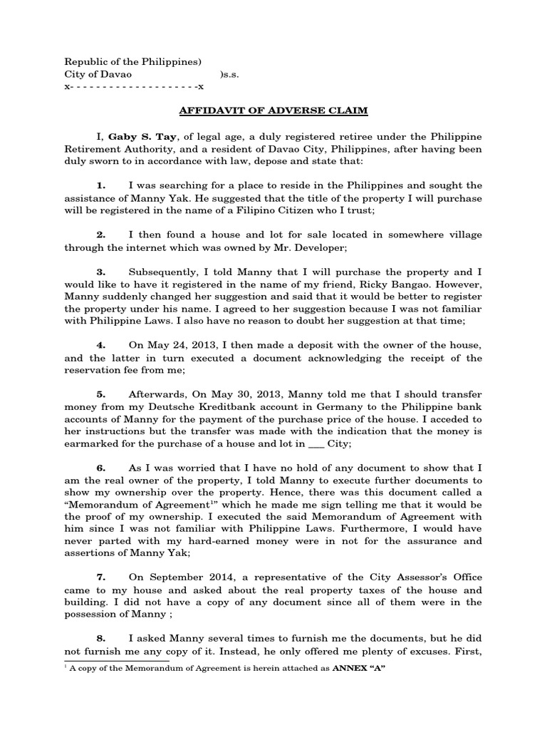 Affidavit of Adverse Claim (Gaby S. Tay) | PDF | Deed | Common Law