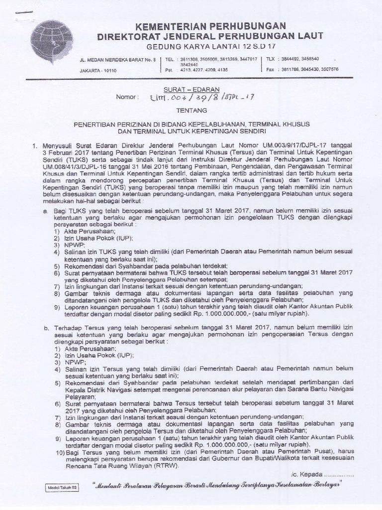 2017-DJPL UM 003-39-8-DJPL-17 - Penertiban Perizinan Di Bidang Kepelabuhan, TERSUS & TUKS | PDF