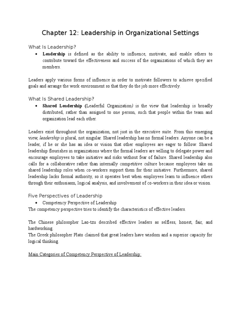 Chapter 12: Leadership in Organizational Settings | PDF | Leadership ...