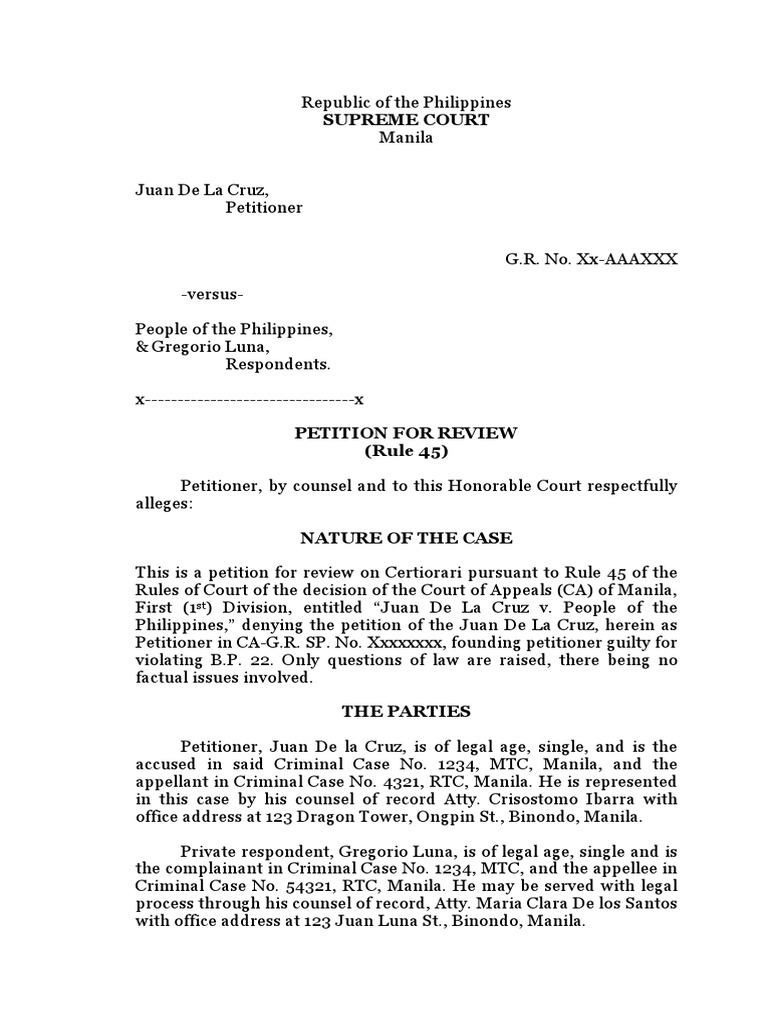 Petition For Review On Certiorari Rule 45 Draft | PDF | Certiorari | Complaint