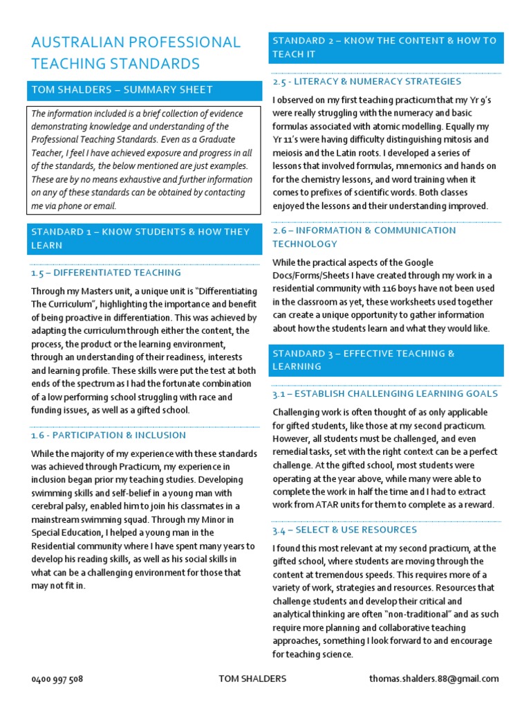 Aitsl Standards Summary Sheet - Tshalders | PDF | Teaching | Teachers