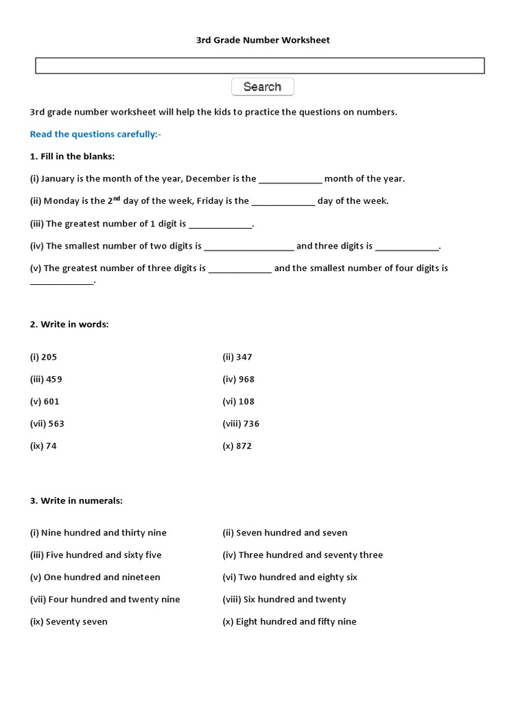 3rd Grade Number Worksheet | PDF | Division (Mathematics) | Multiplication