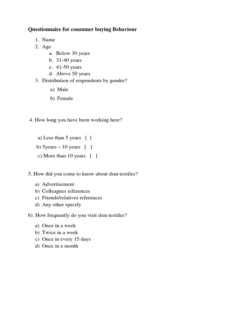 Questionnaire For Consumer Buying Behaviour | PDF | Behavior | Economics