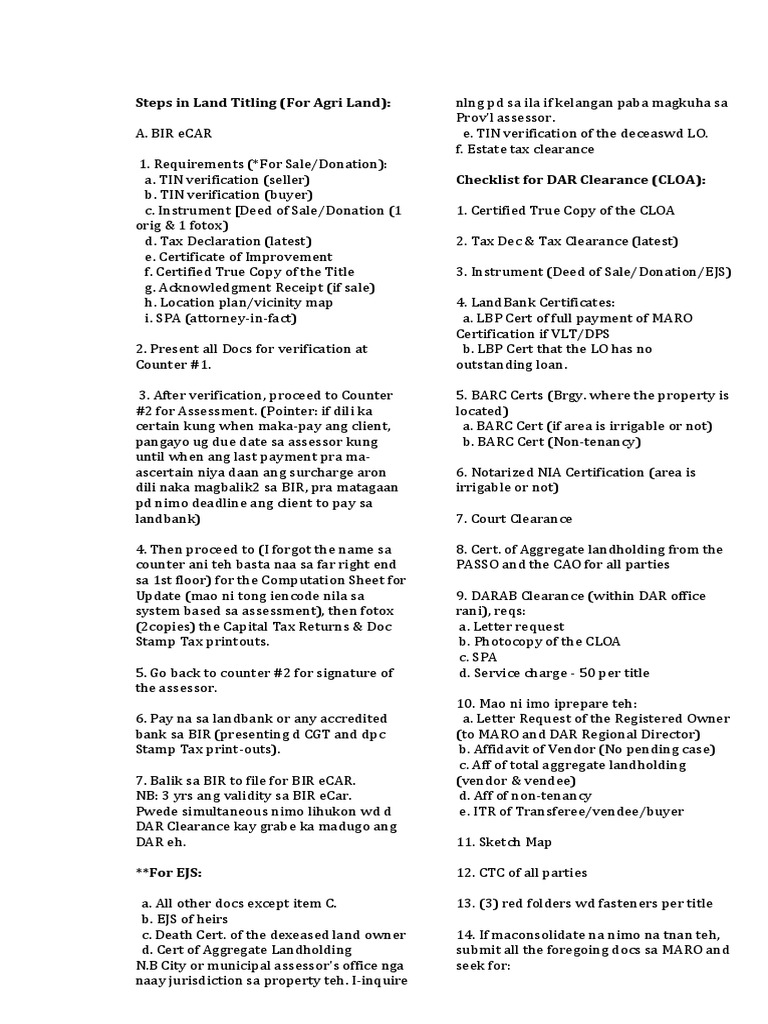 Steps to Complete Land Titling for Agricultural Land Involving Sale ...