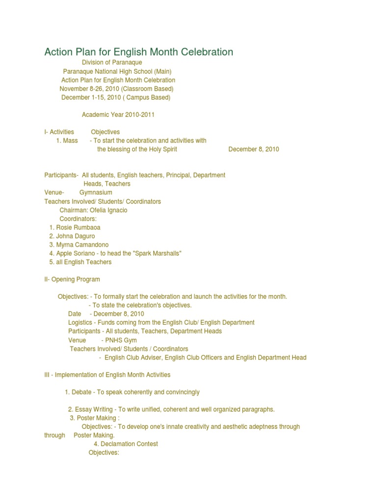 Action Plan for English Month Celebration | Theatre | Poetry