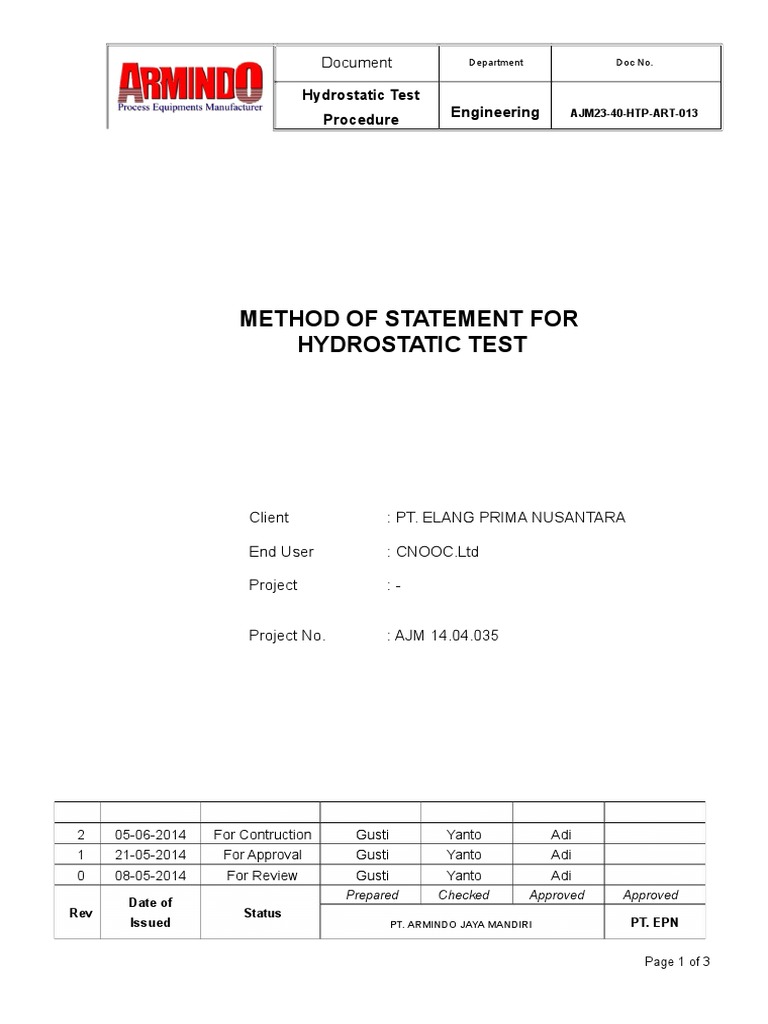 Method of Statement For Hydrostatic Test: Document | PDF | Pressure ...