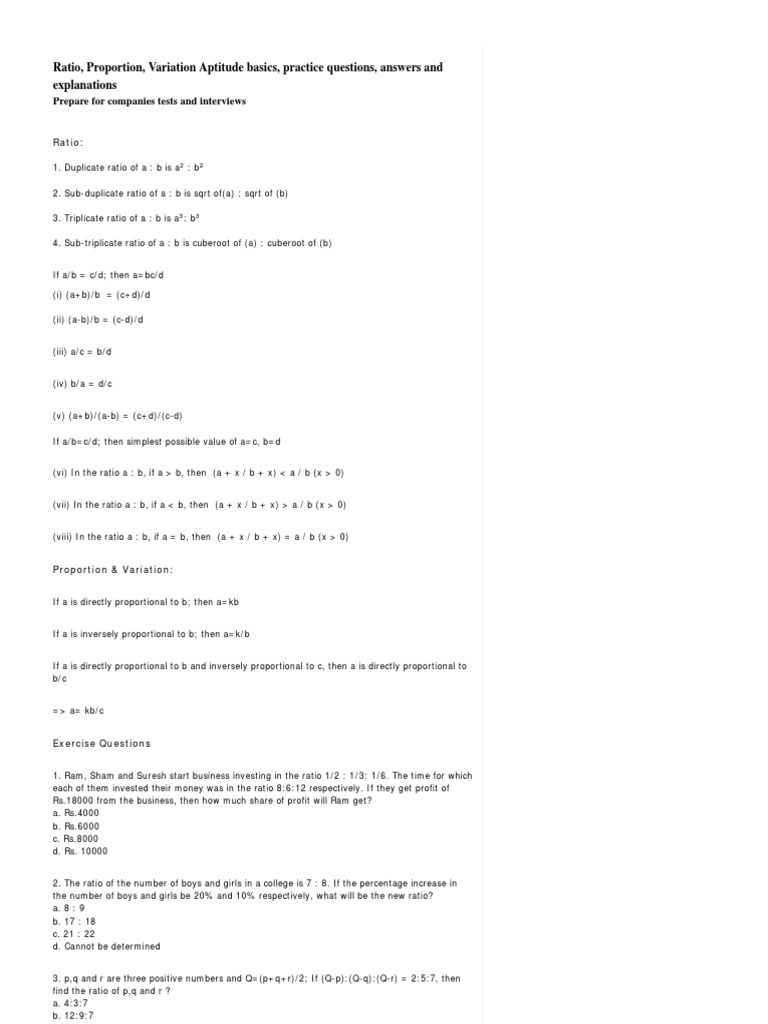 Quantitative Aptitude-Ratio, Proportion and Variation - Key Points ...
