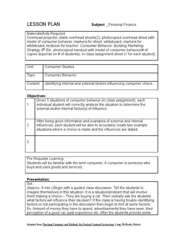 EBUS251-Lesson Plan #1 | PDF | Consumer Behaviour | Behavior