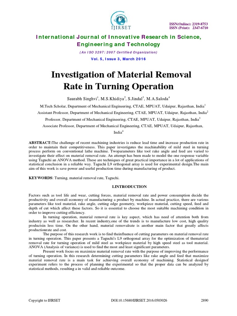 Investigation of Material Removal Rate in Turning Operation | PDF ...