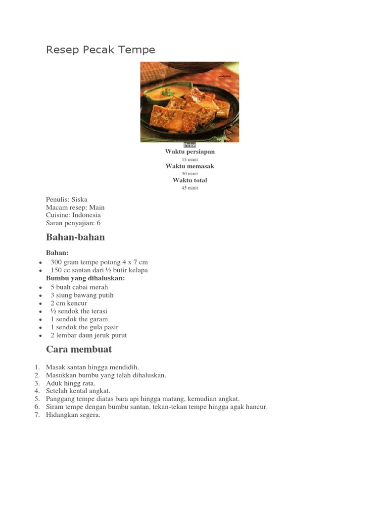 Resep Pecak Tempe | PDF | Memasak, Makanan, & Anggur