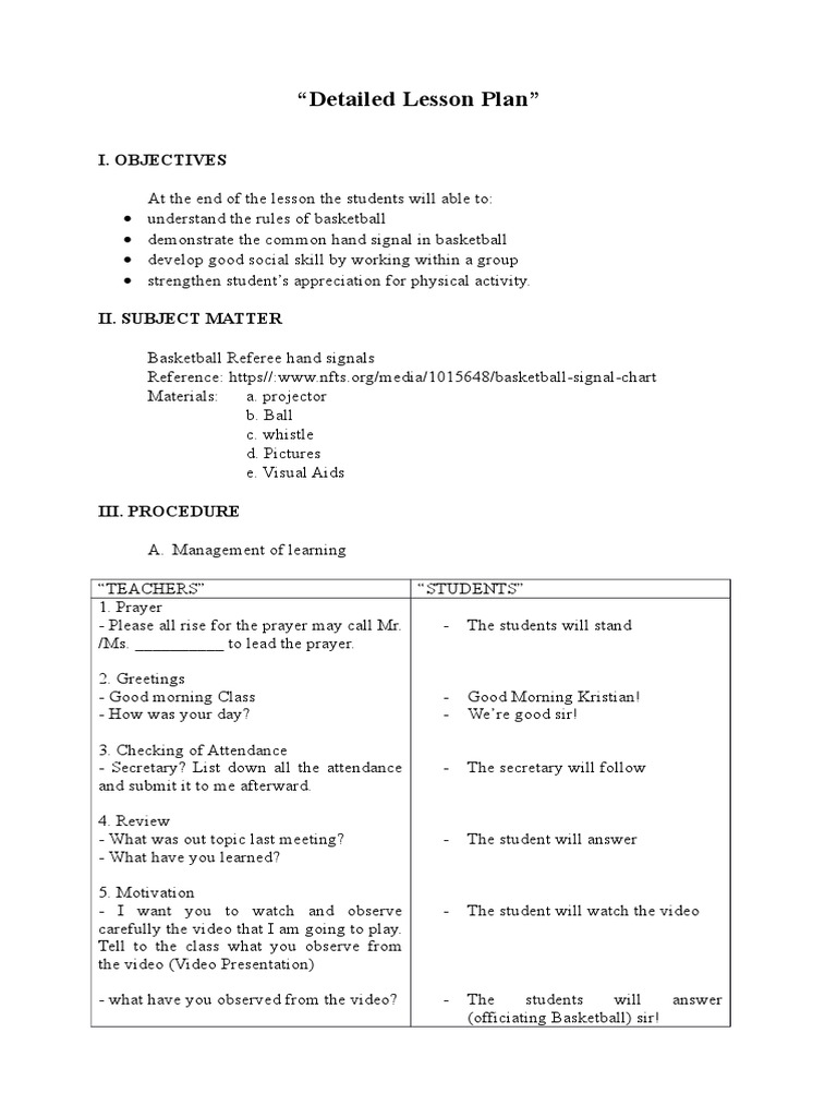 Detailed Lesson Plan Sample Team Sports Leisure