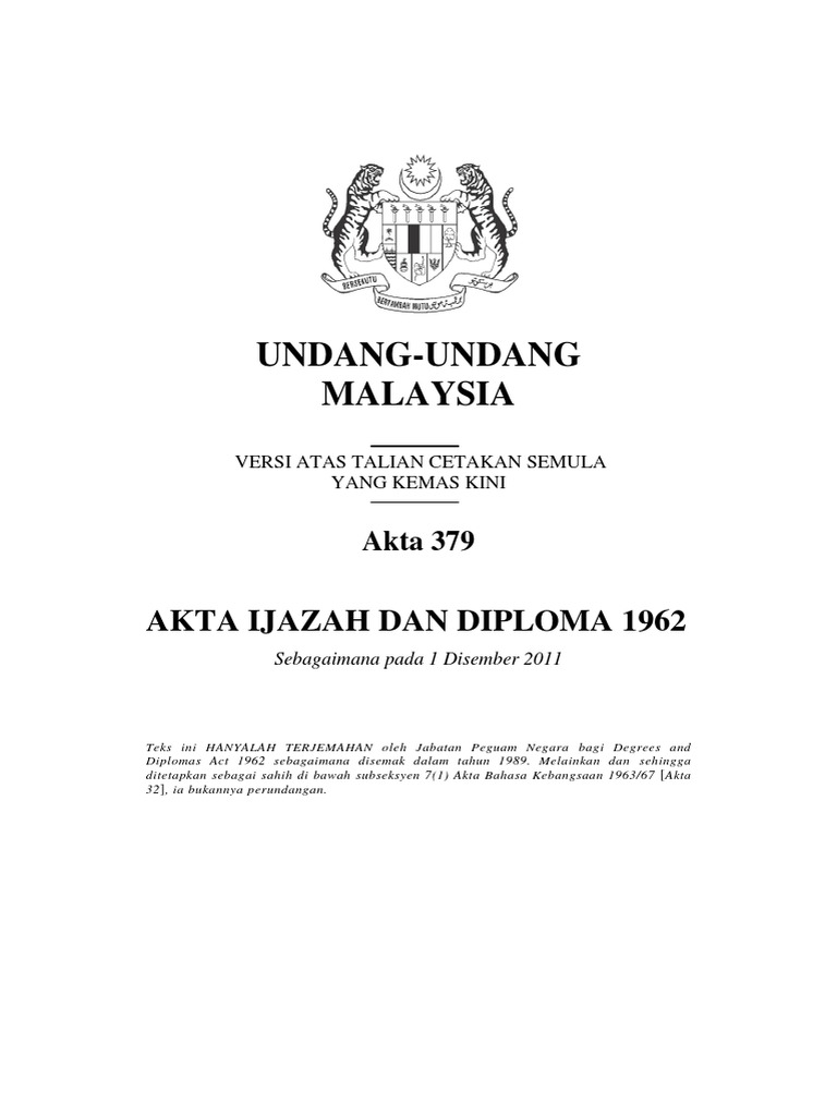 Akta 379 - Akta Ijazah Dan Diploma 1962 PDF | PDF