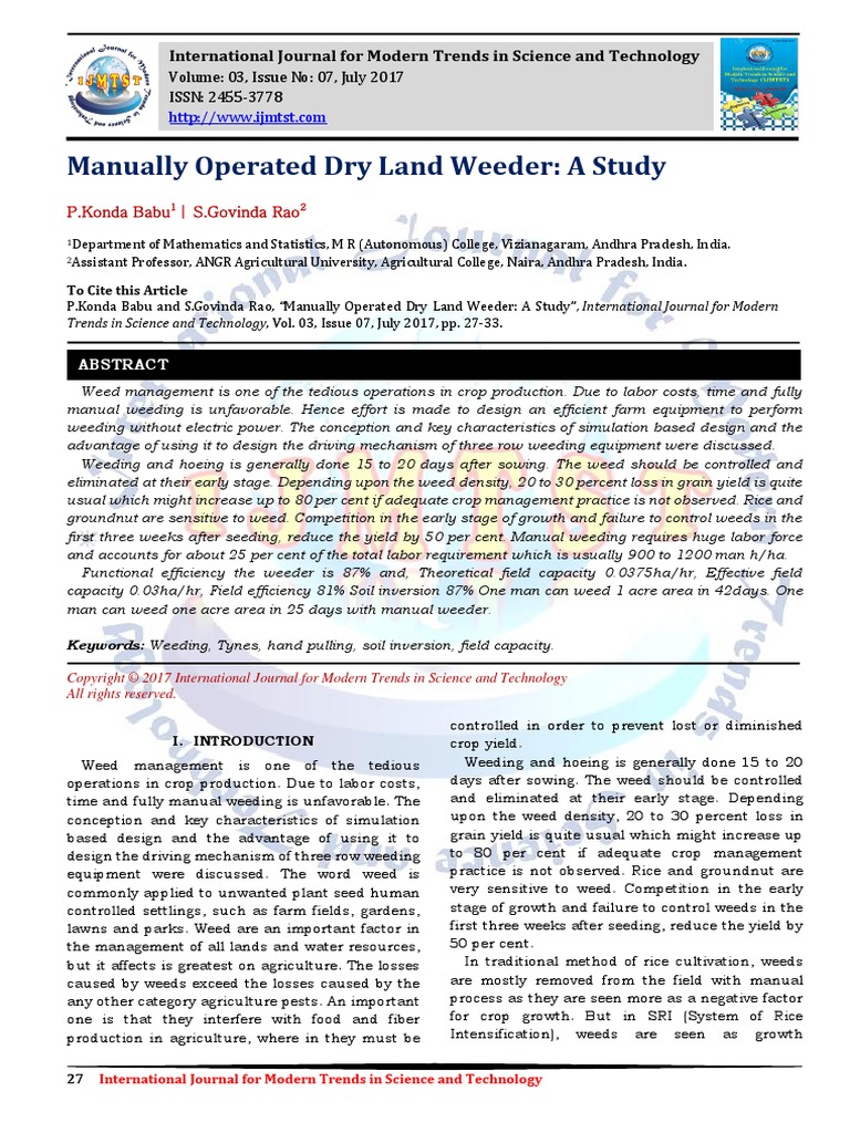 Manually Operated Dry Land Weeder: A Study | PDF | Grinding (Abrasive ...