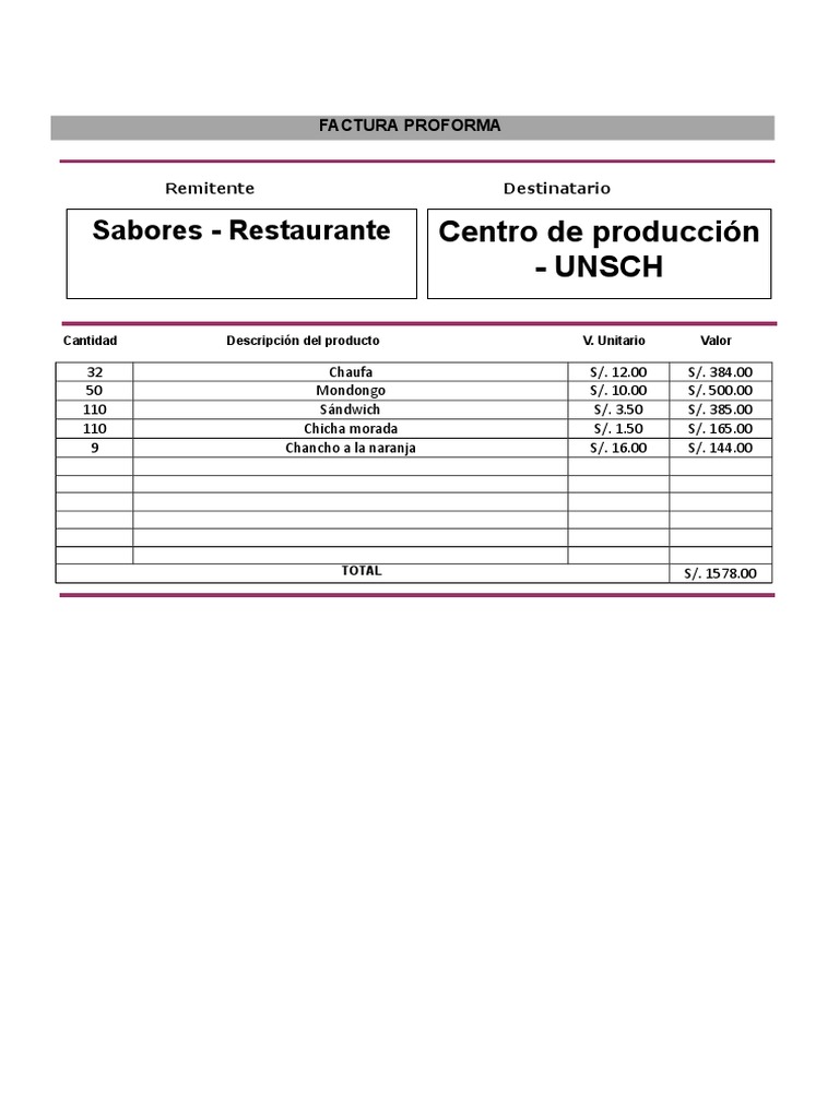 Factura Proforma de Sabores Restaurante | PDF | Cocina, comidas y vino