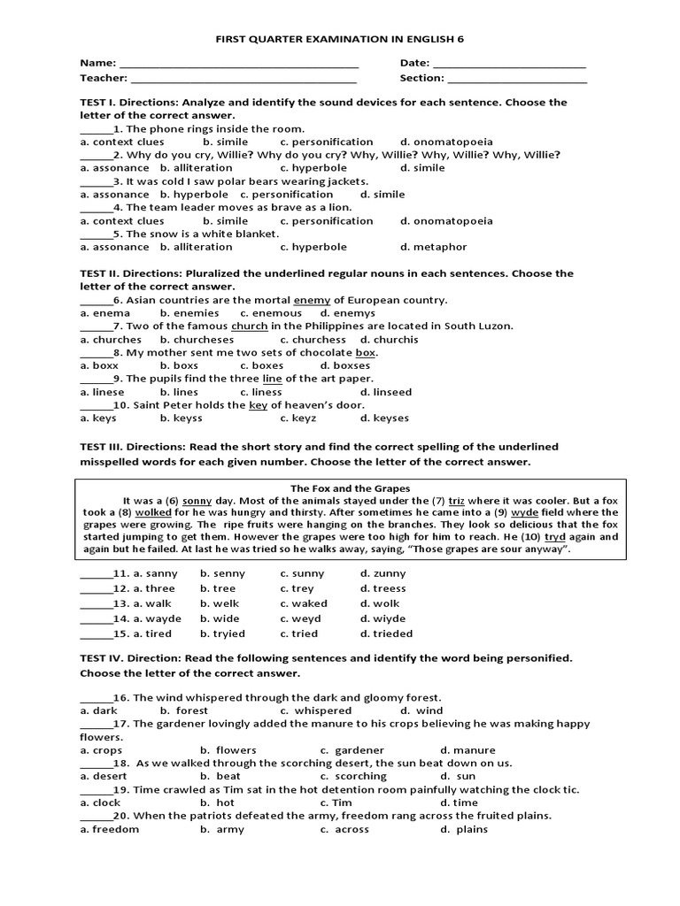 1st Quarter Test in English 6 With Tos & Key To Correction With Bloom's ...