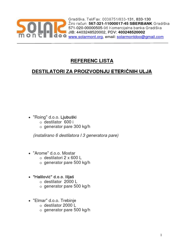 SOLAR MONT - Destilatori Za Proizvodnju Eteričnih Ulja - Referenc Lista ...
