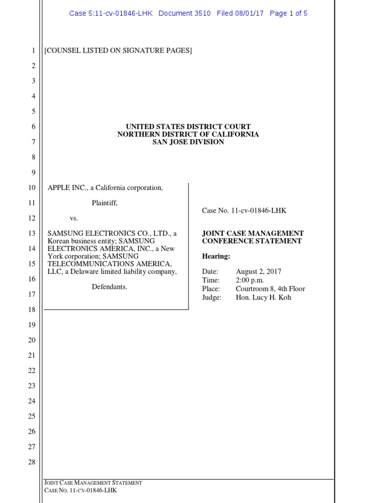 Apple V Samsung - Joint Case Management Statement | PDF | Discovery ...