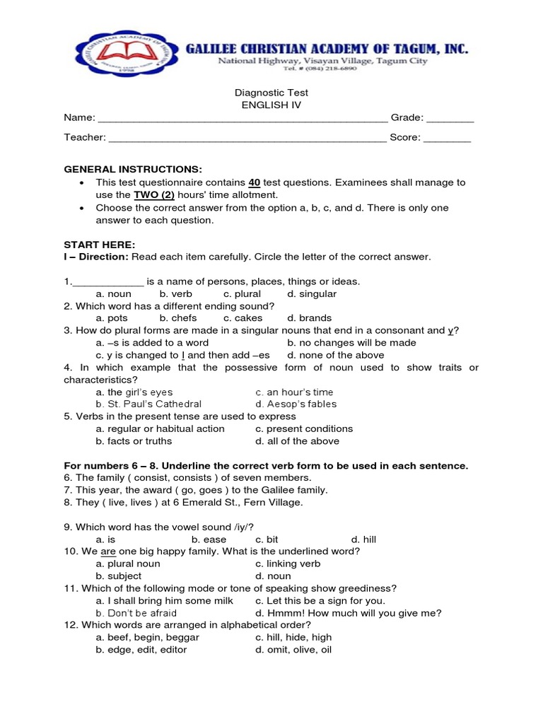Diagnostic Test ENGLISH | PDF | Grammatical Number | Plural