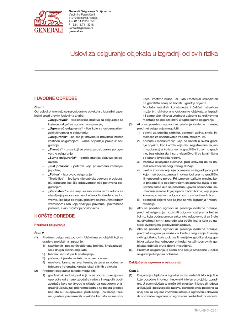 TN-U-09-OI-02-01 Uslovi Za Osiguranje Objekata U Izgradnji Od Svih Rizika 1437139089 | PDF