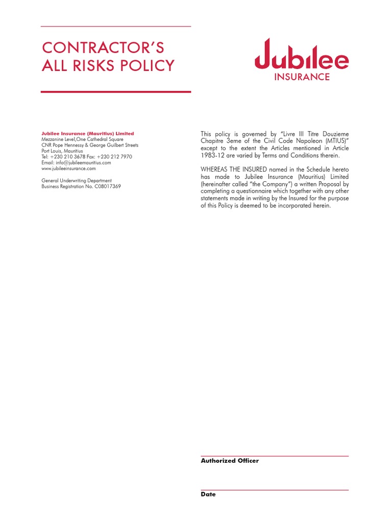 CONTRACTORS ALL RISKS POLICY .pdf | Liability Insurance | Indemnity