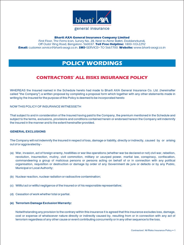 Contractors All Risks - Policy Wordings PDF | PDF