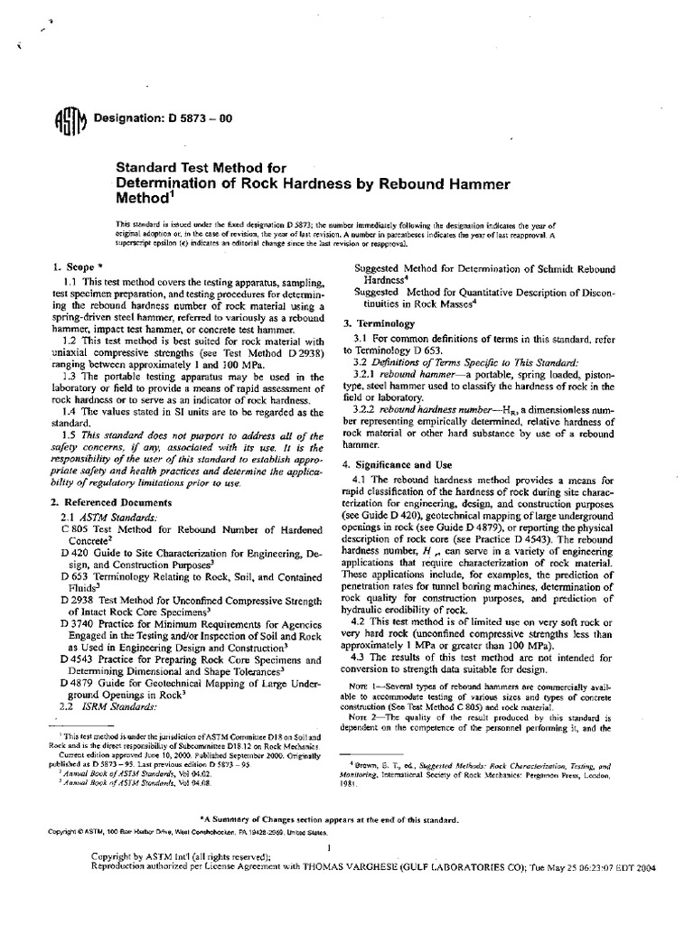 D 5873 - 00 - Rock Hardness by Rebound Hammer | PDF