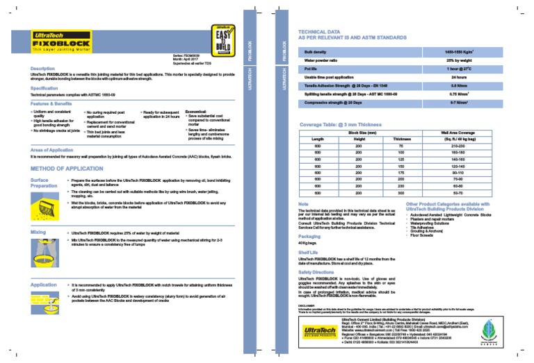 Ultratech TDS Leaflet_Fixoblock | Mortar (Masonry) | Building Engineering