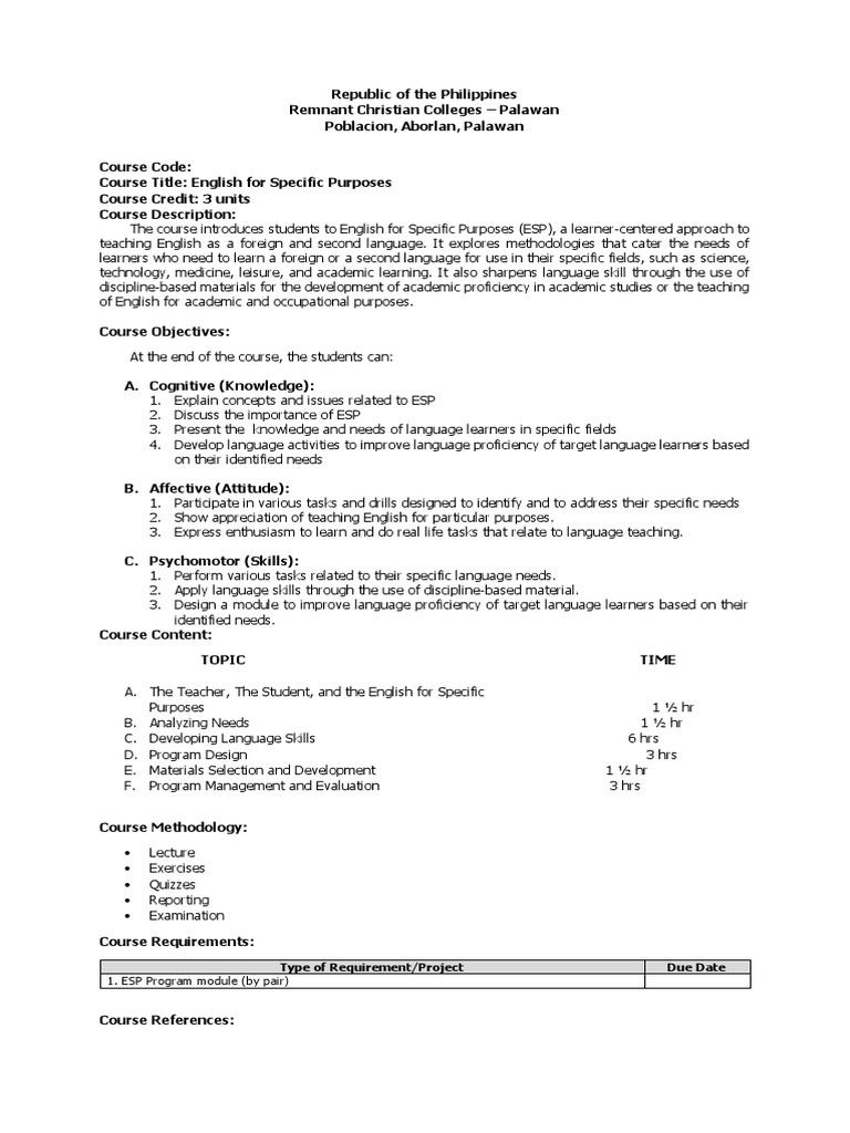 English for Specific Purposes Syllabus | PDF | Second Language | Learning