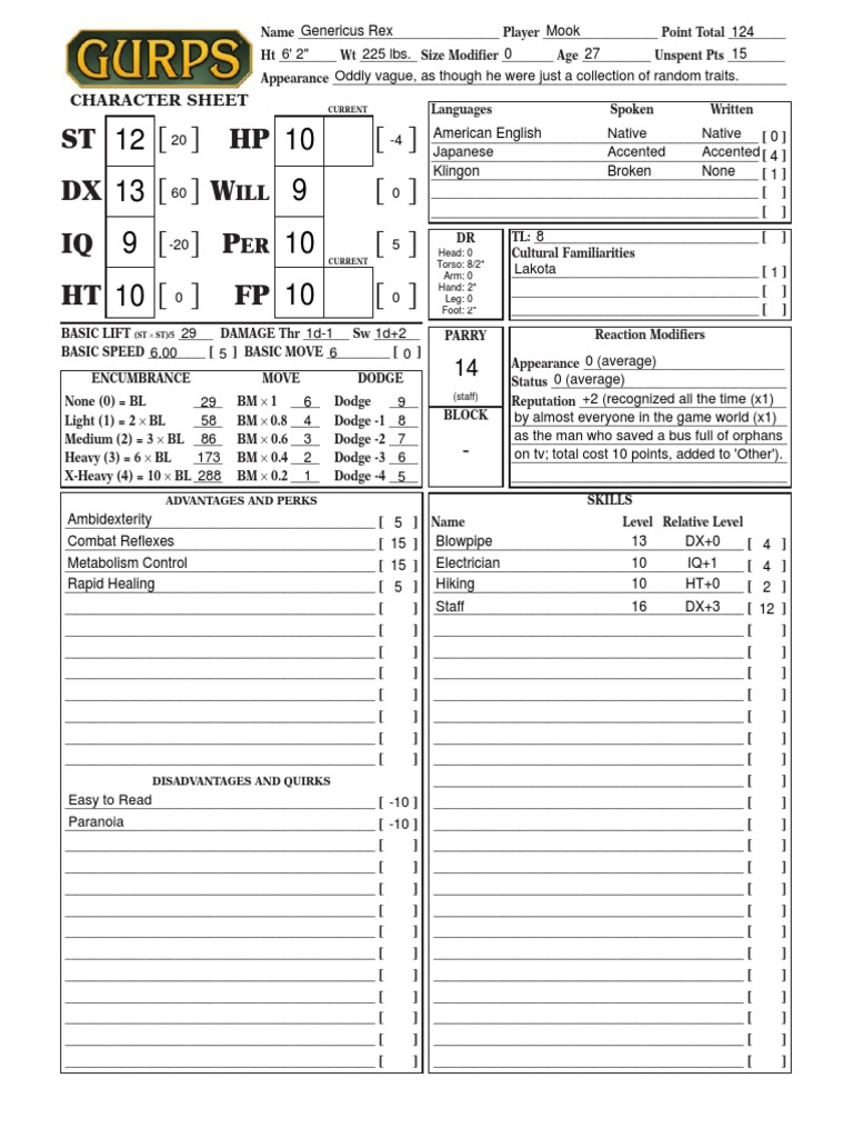 GURPS CharacterSheet Example | PDF | Leisure
