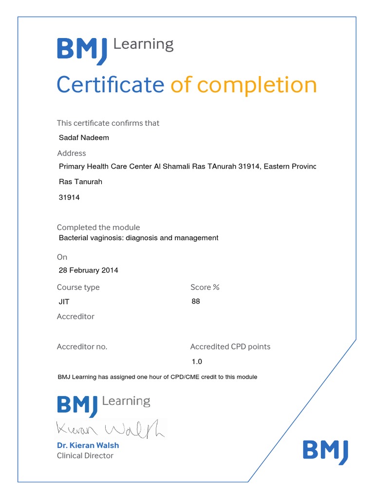 Bacterial Vaginosis CPD Completion Certificate | PDF