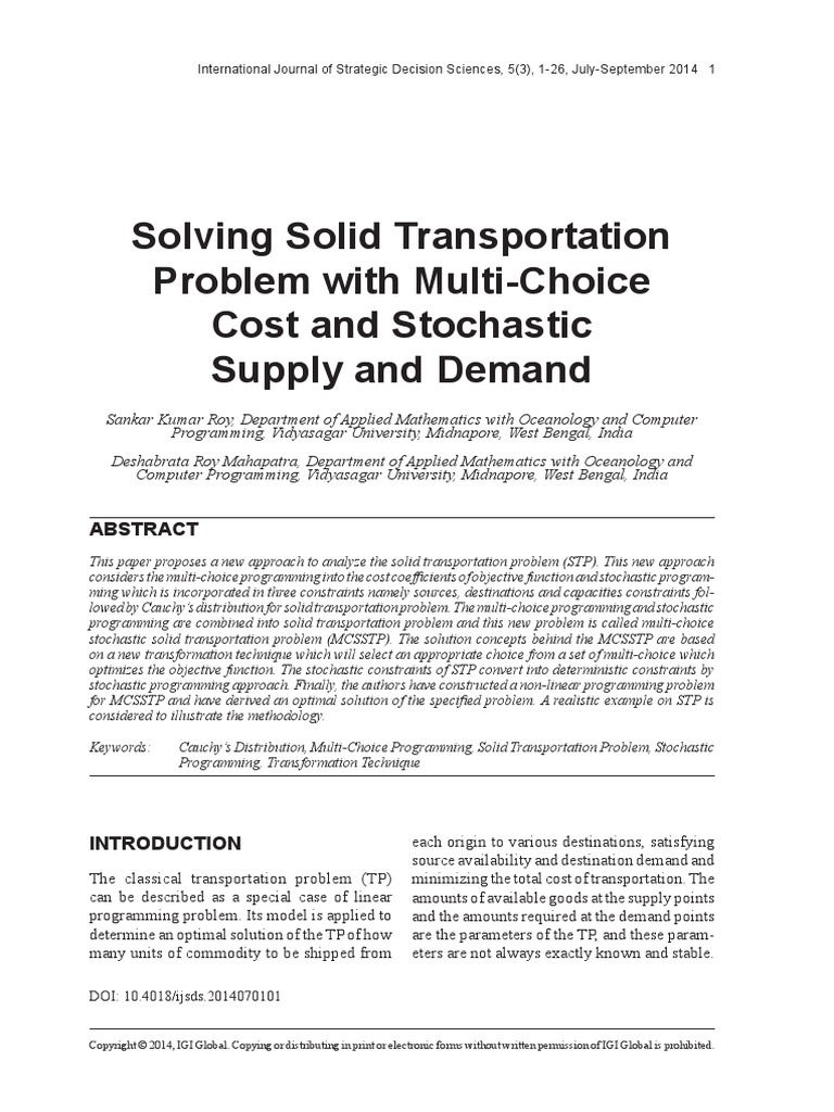 Solving Solid Transportation Problem With Multi Choice Cost and Stochastic Supply and Demand PDF ...