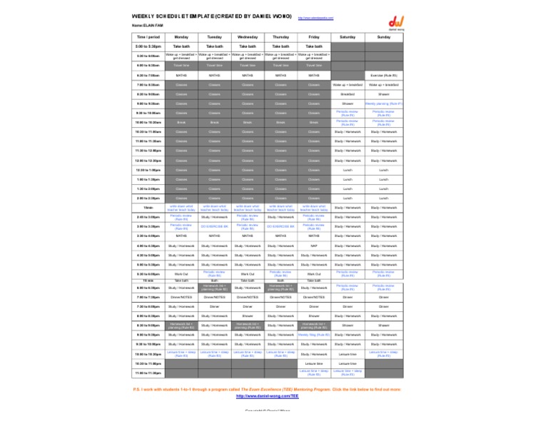 Weekly Schedule Template by Daniel Wong | PDF