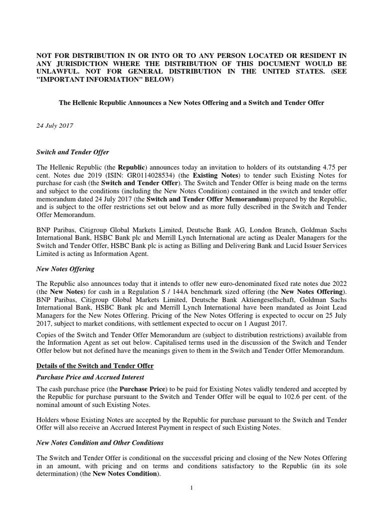 24 July 2017: Switch and Tender Offer | PDF