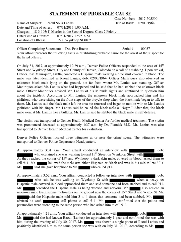 Probable Cause in Wynkoop St Murder | PDF | Law Enforcement | Crime ...