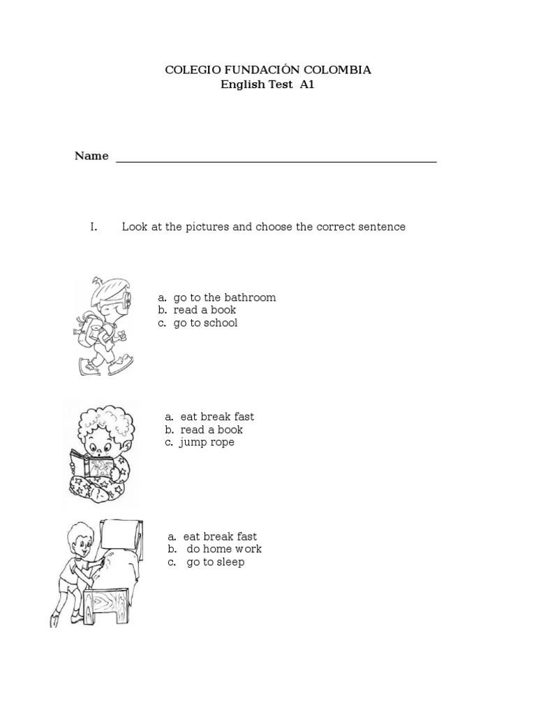 Colegio Fundación Colombia English Test A1: I. Look at The Pictures and ...