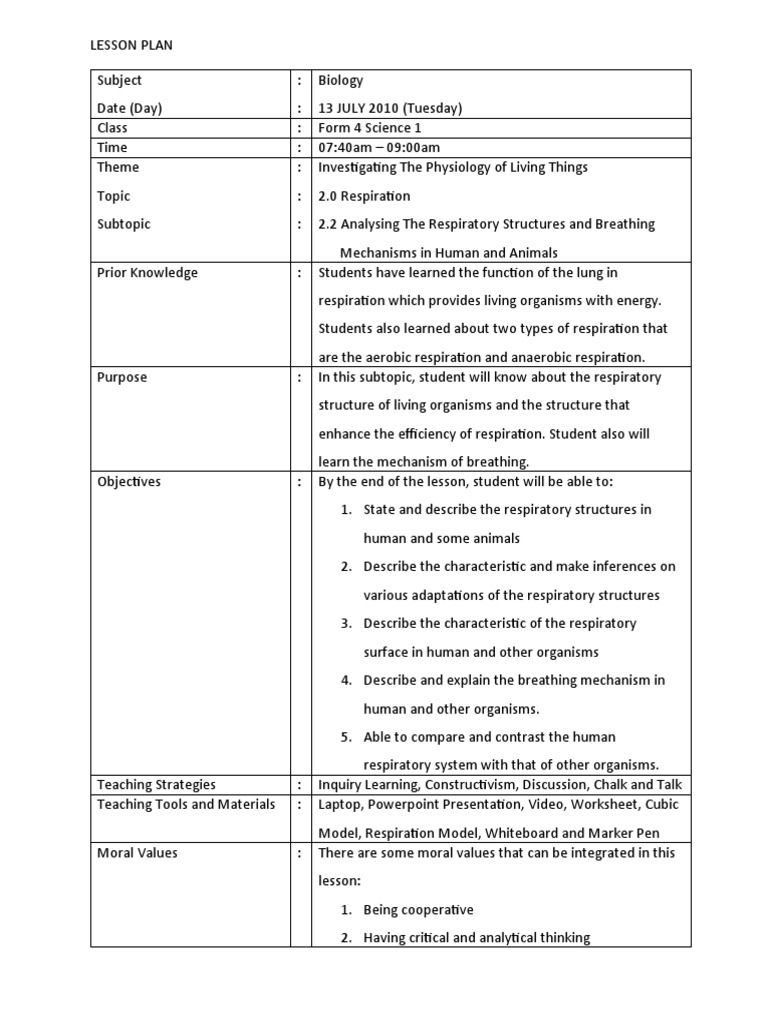 Lesson Plan | PDF | Respiratory System | Breathing