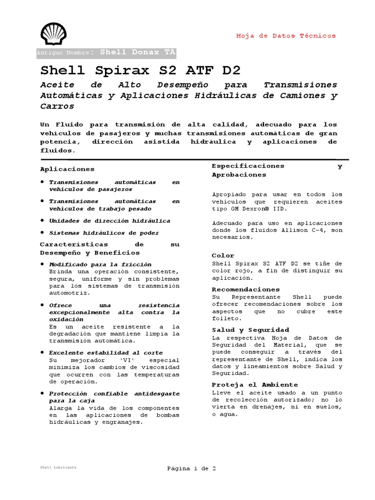 Hoja Tecnica Shell Spirax S2 ATF D2 | PDF | Transmisión automática ...