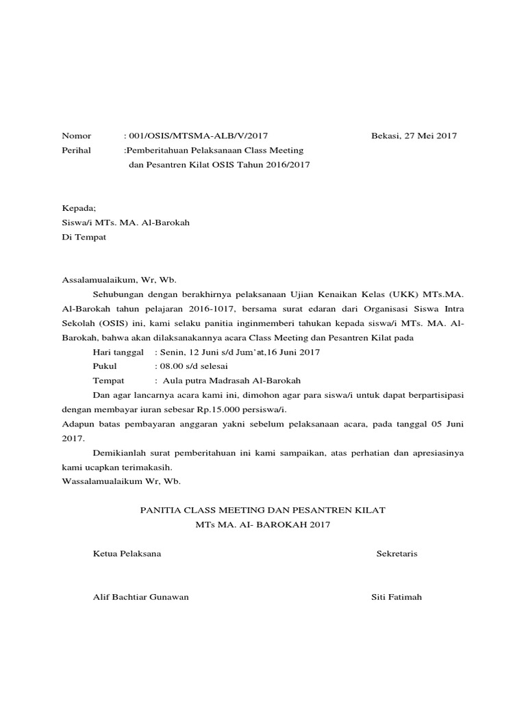 Surat Edaran Class Meeting | PDF