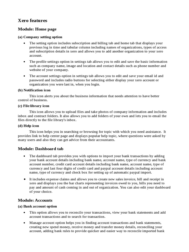 Xero Features: Module: Home Page | PDF