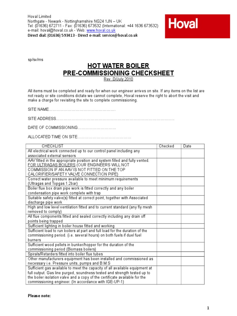 Hot Water Boiler Pre-Commissioning Checklist | PDF | Boiler ...
