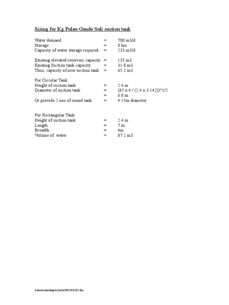 Sizing For KG Pulau Ganda Suli Suction Tank: /conversion/tmp/scratch/362193182 | PDF