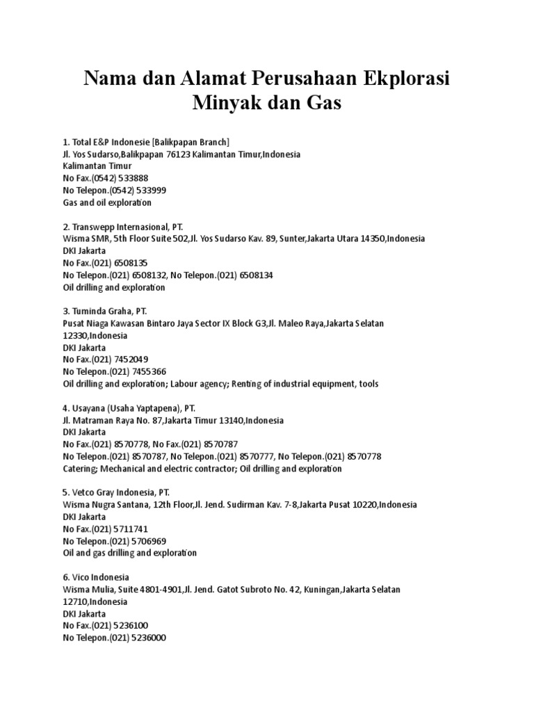 Daftar Alamat Perusahaan Minyak dan Gas di Indonesia | PDF