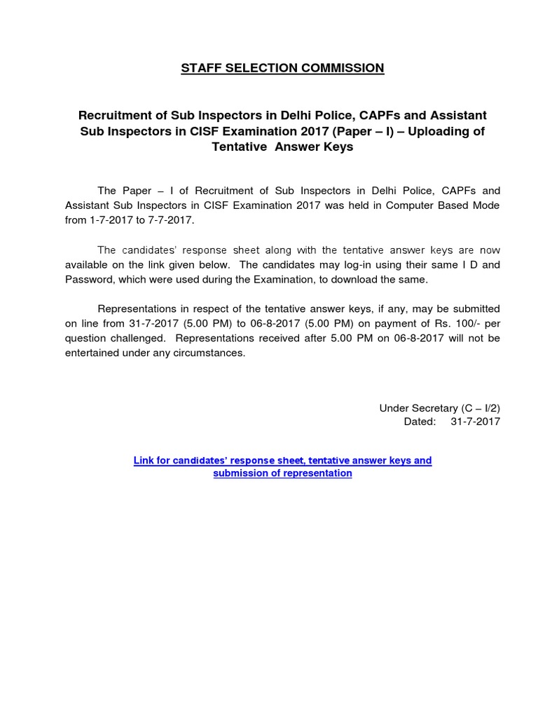 Staff Selection Commission: Link For Can Didates' Response Sheet ...