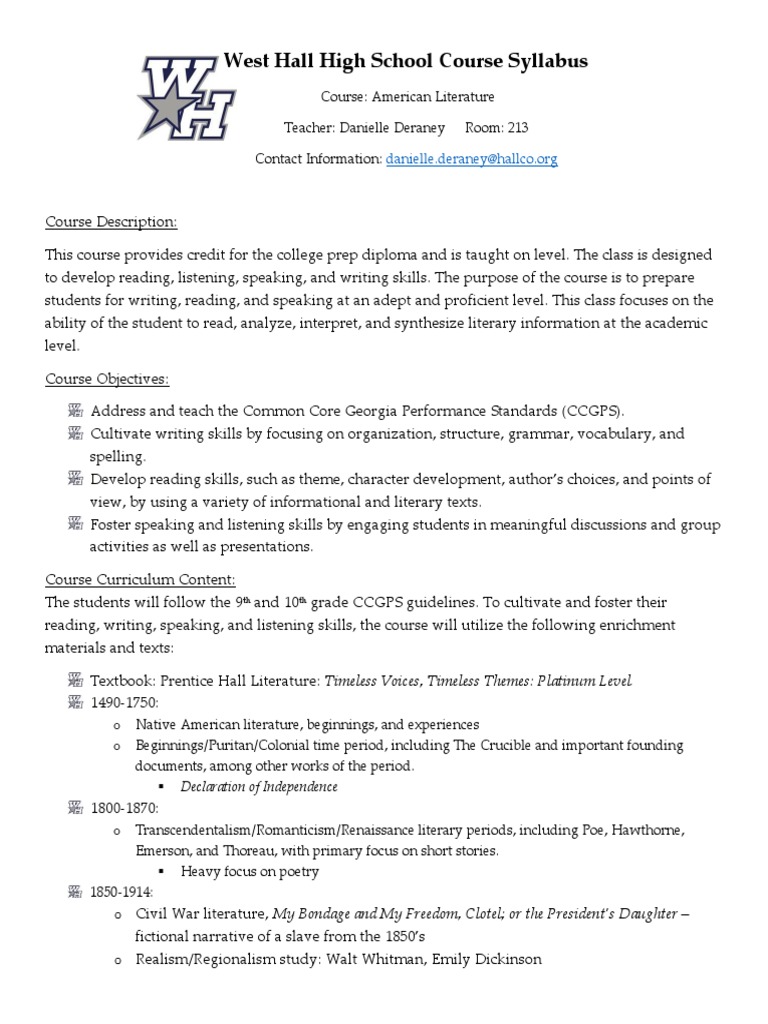 west hall high school course syllabus - american lit | American ...