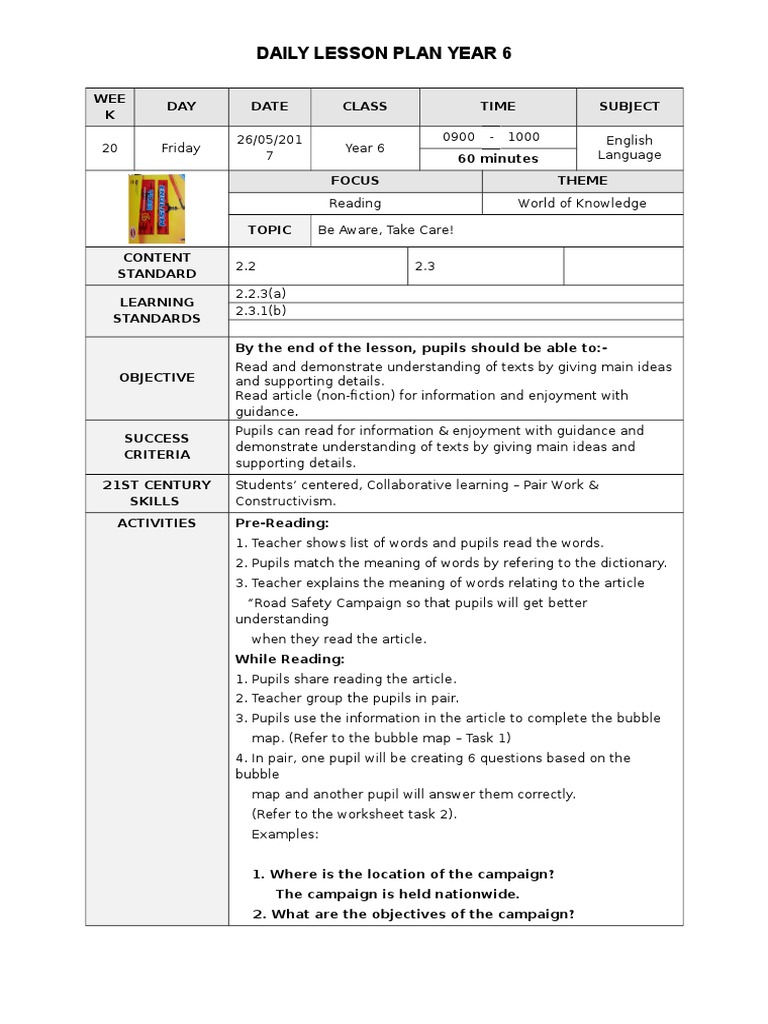 KBAT Lesson Plan Year 6 | Lesson Plan | Reading (Process)