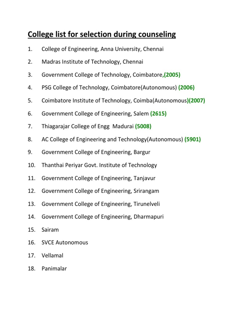 College List For Selection During Counseling | Download Free PDF | Science | Engineering